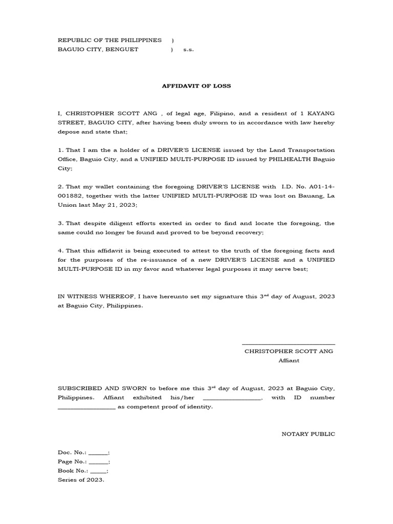 Affidavit of Loss - Christopher Scott Ang | PDF