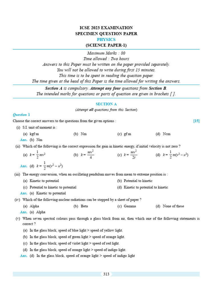 ICSE 2023 Physics Specimen Paper Details | PDF | Force | Resonance