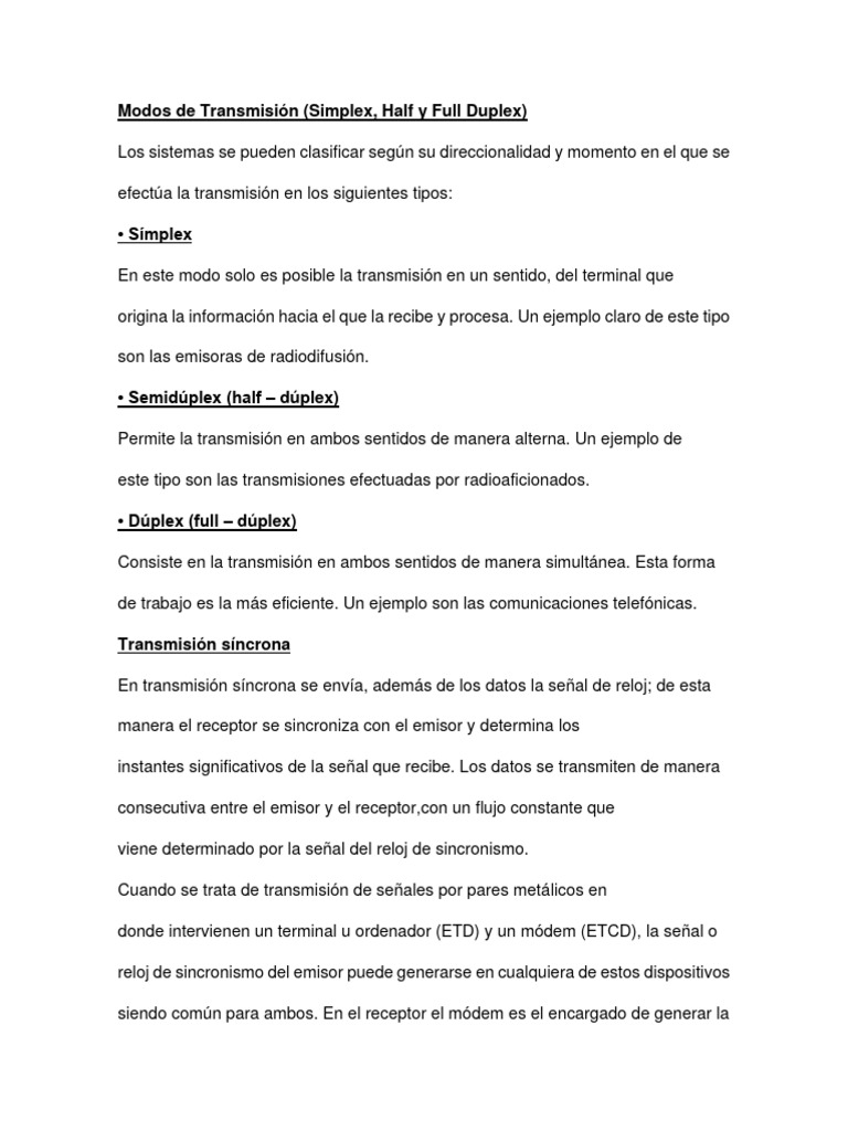 Modos de Transmisión | PDF | Duplex (Telecomunicaciones) | Informática