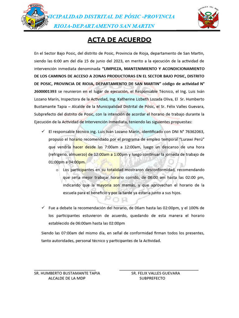 Acta de Acuerdo de Horario-BAJO POSIC | PDF