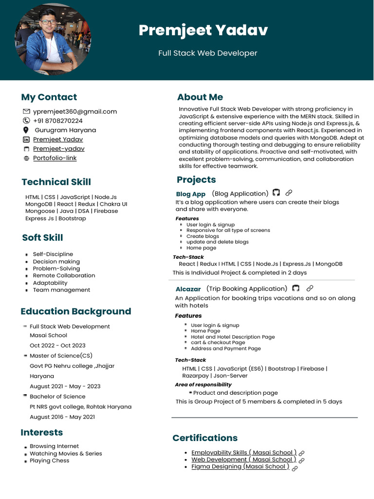Premjeet Yadav Resume | PDF | Java Script | World Wide Web