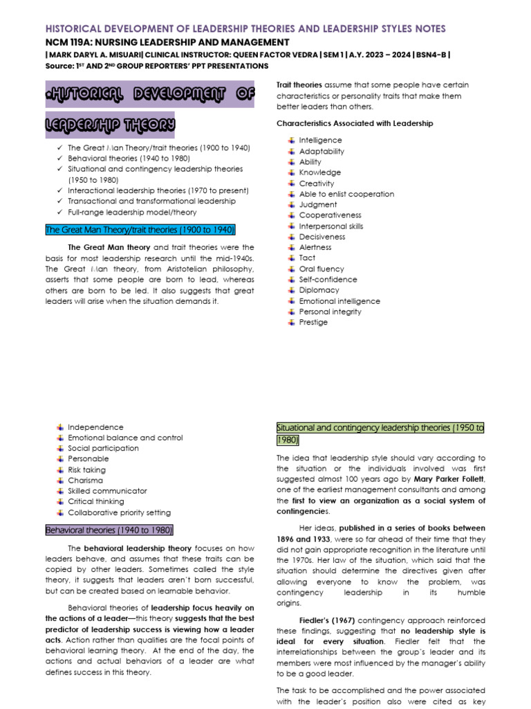 Leadership Theories and Leadership Styles Notes | PDF