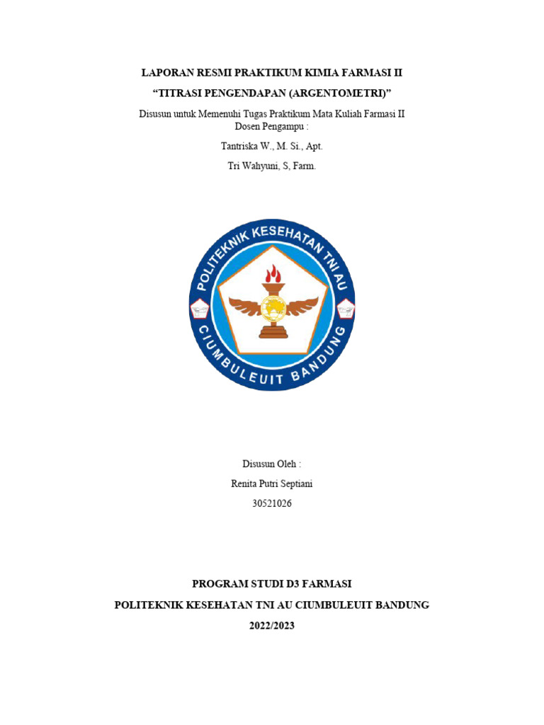 Laporan Resmi Praktikum Kimia Farmasi Ii - Argentometri | PDF Laporan Resmi Praktikum Kimia Farmasi Ii - Argentometri | PDF