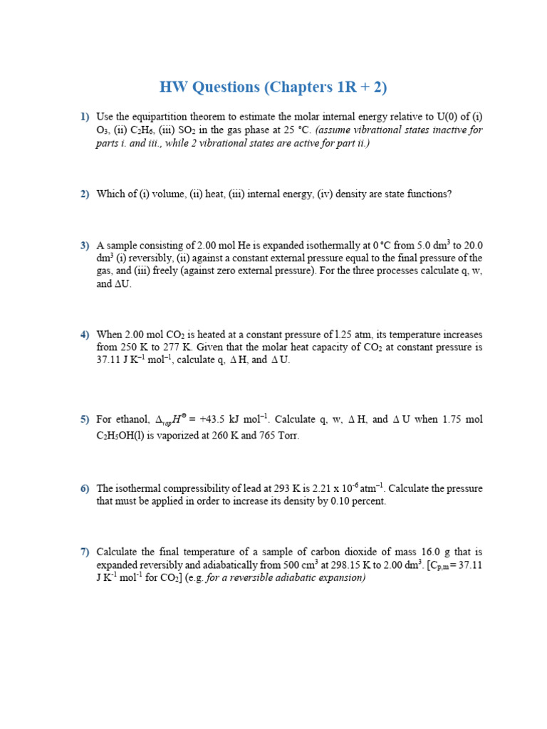 Chapter1R+2 Assignment Questions 2023 VF | PDF | Heat | Gases