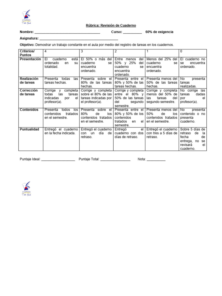 Rúbrica para Evaluar Cuadernos | PDF