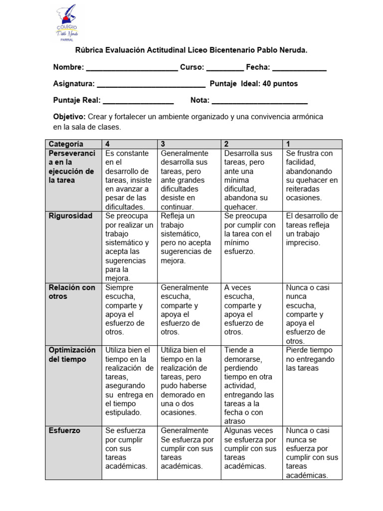 Rúbrica Evaluación Actitudinal Liceo Bicentenario Pablo Neruda | PDF