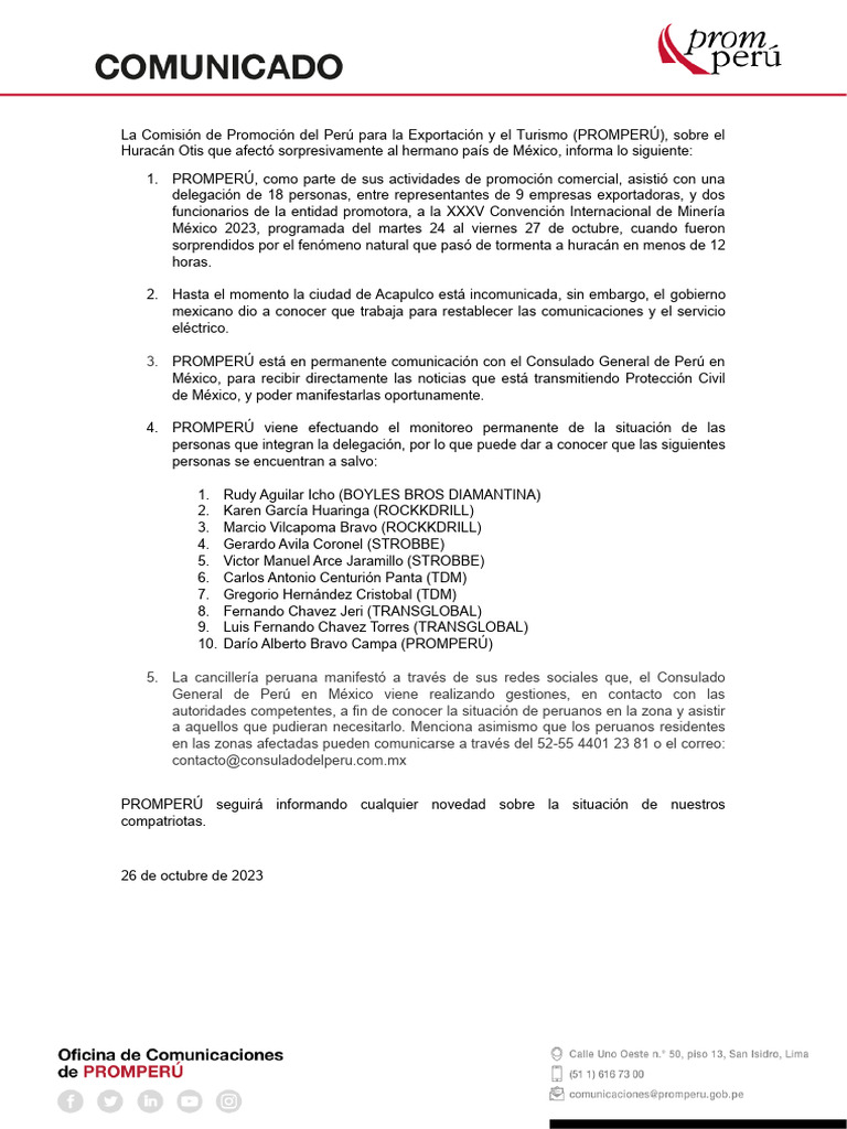 Comunicado Huracan Otis (Actualización) | PDF