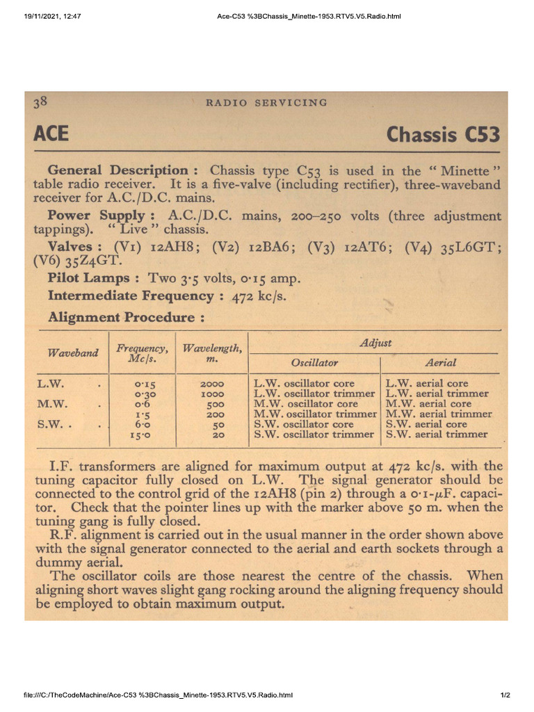 Ace-C53 Chassis - Minette-1953.RTV5.V5.Radio | PDF