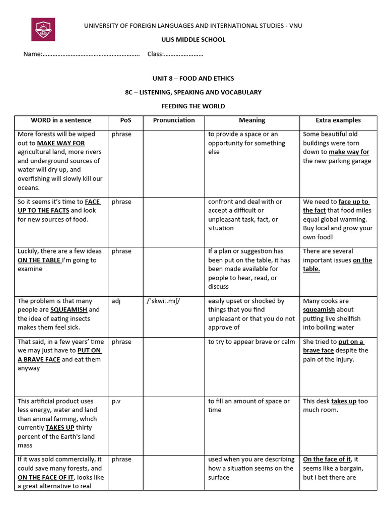 (Grade 8) 8C - Vocabulary List | PDF