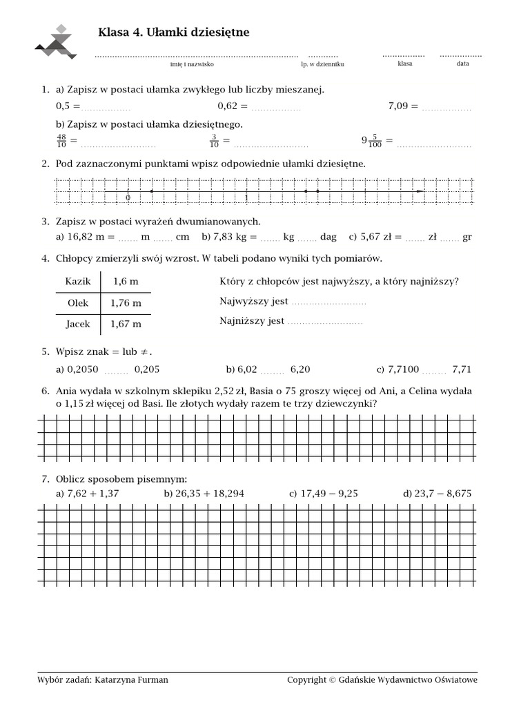 Karta Pracy Ułamki Dziesiętne | PDF