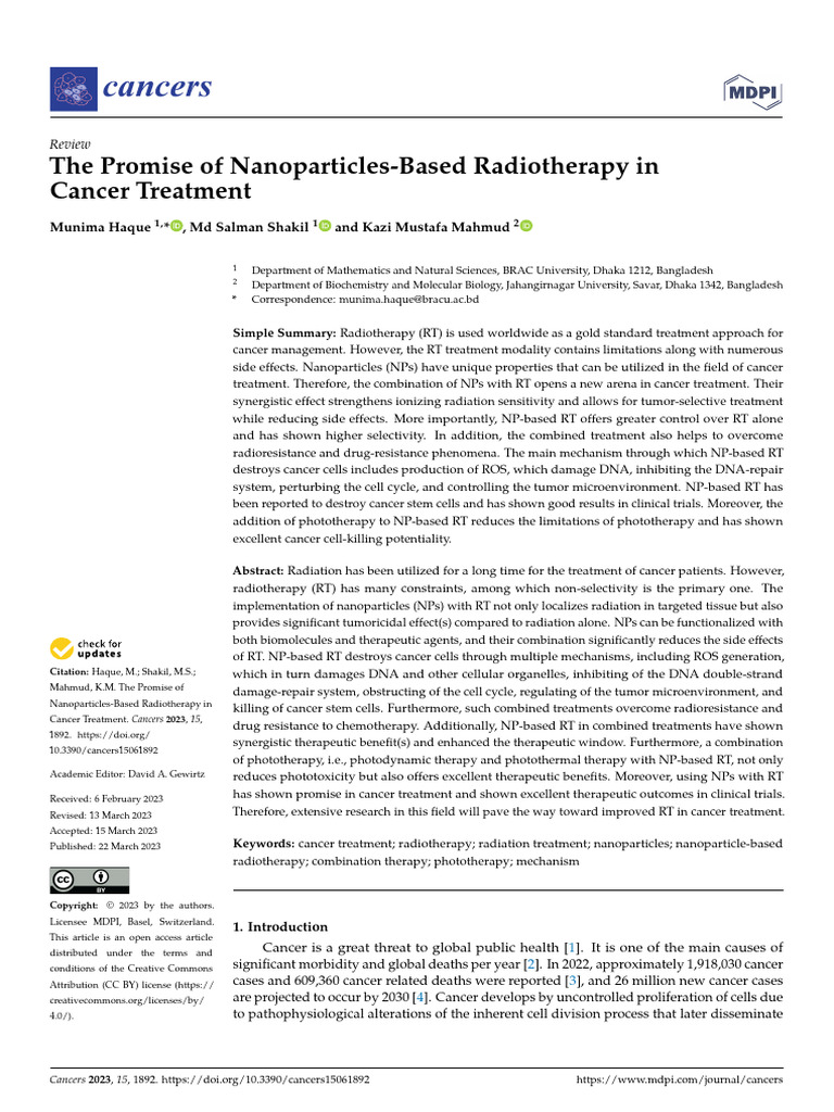 Haque - 2023 - The Promise of Nanoparticles-Based Radiotherapy in Cancer Treatment | PDF ...