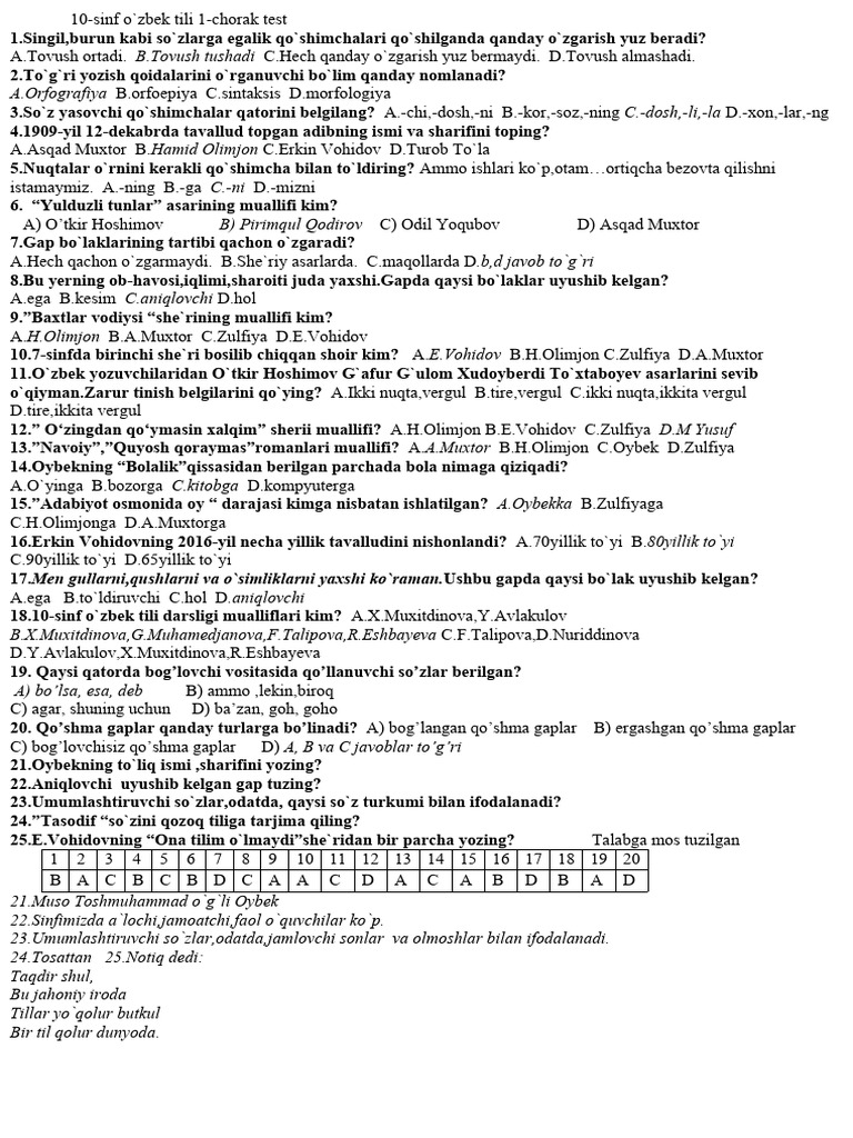 10-Sinf 1-2-3-4-Chorak Test | PDF