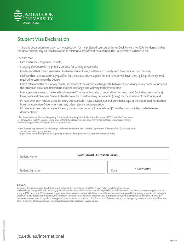 JCU International Student Declaration - 2 | PDF | Travel Visa | Government
