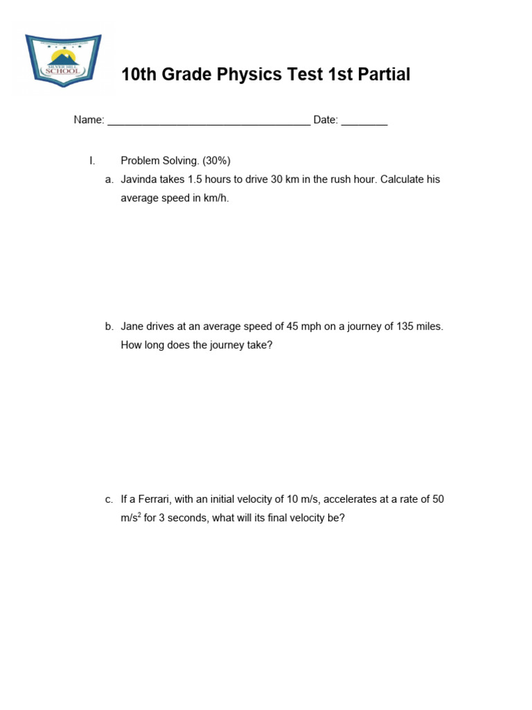 10th Grade Physics Test 1st Partial | PDF