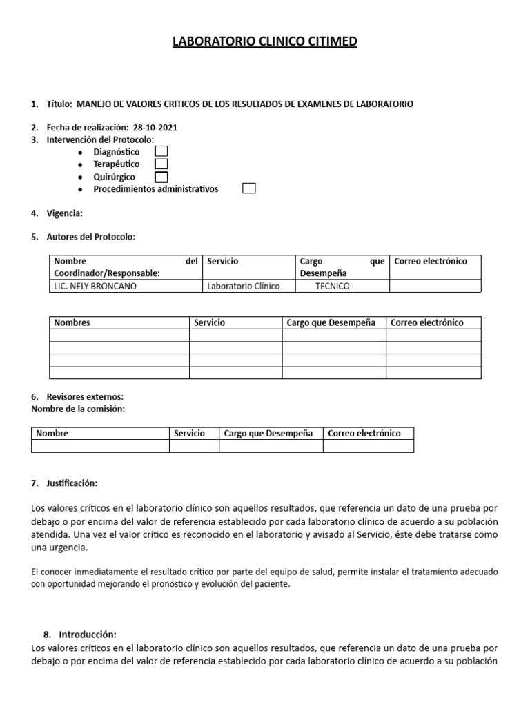 Protocolo de Notificación de Valores Críticos | PDF | Laboratorios ...