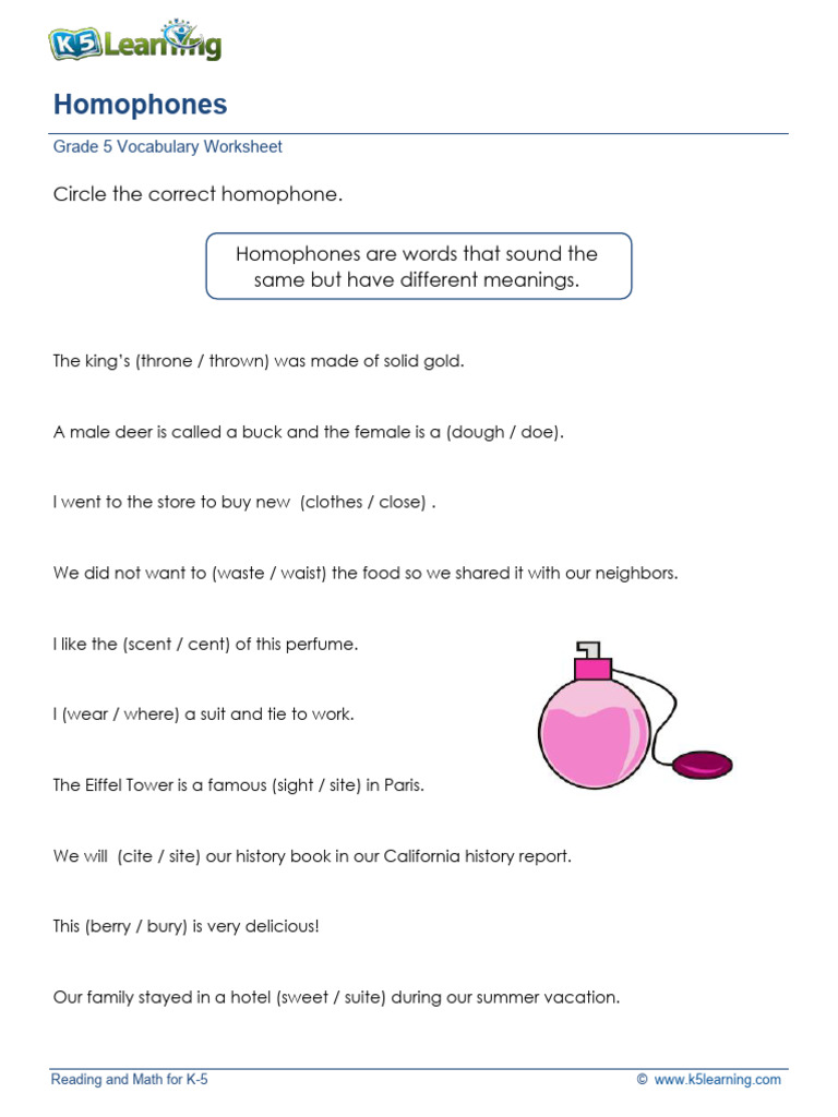 Grade 5 Homophones Worksheet | PDF