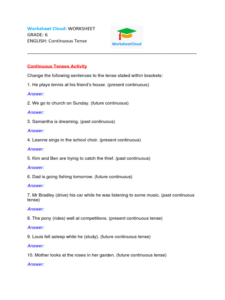 Grade 6 English Tenses Worksheet | PDF