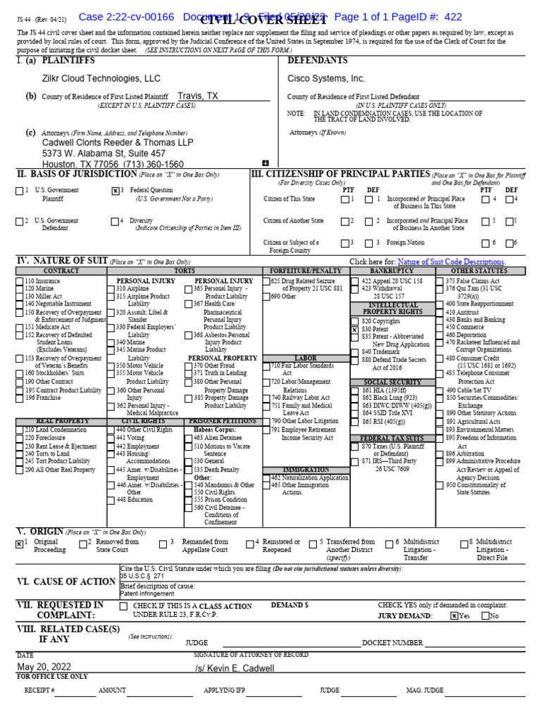 001-9 Civil Cover Sheet | PDF | Tort | Lawsuit