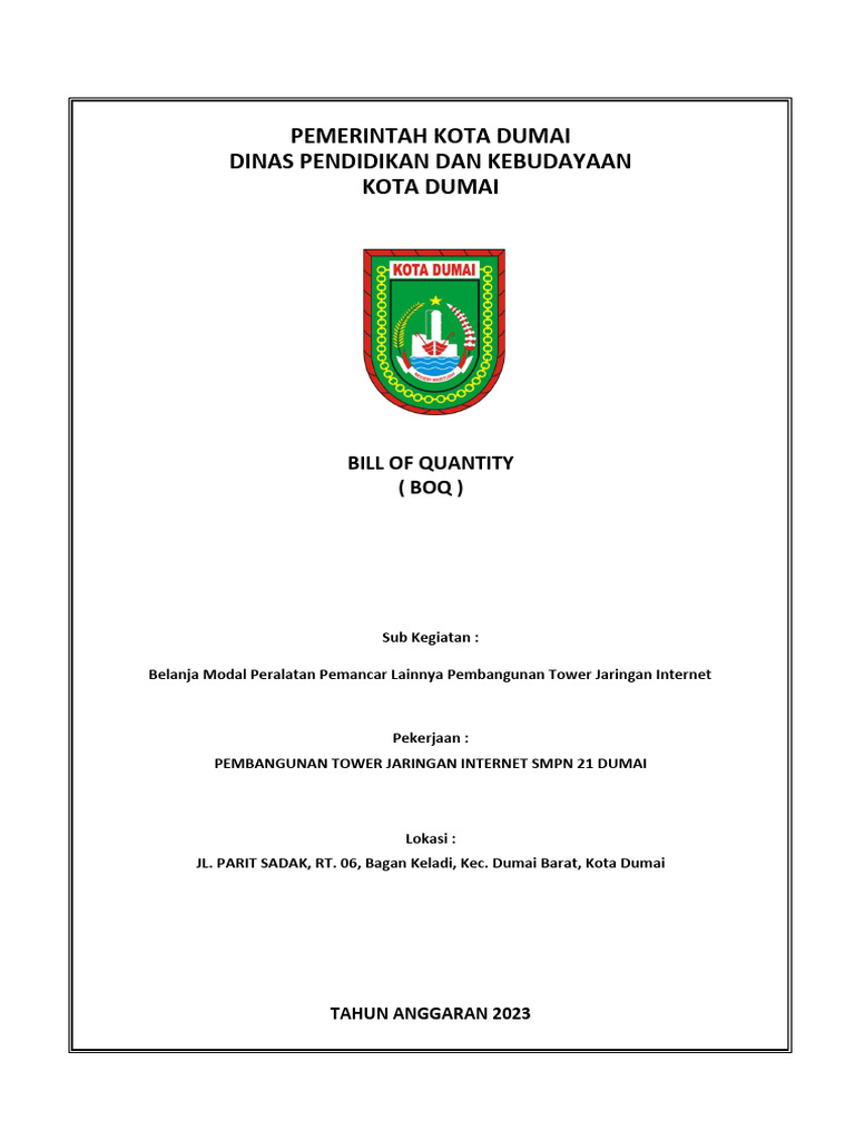 Boq Pembangunan Tower Jaringan Internet SMPN 21 | PDF