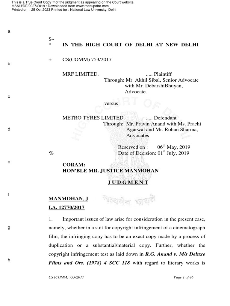 MRF Limited V Metro Tyres Limited | PDF | Copyright | Copyright ...