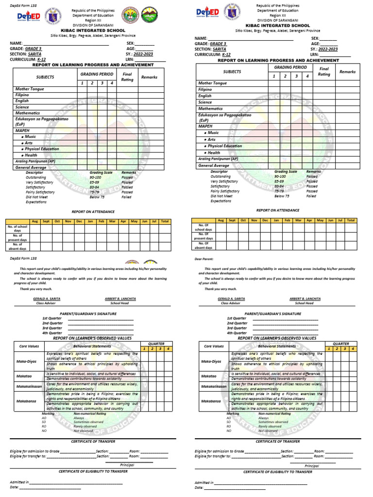 A4 DepEd Form 138 Card Elem 1 3 | PDF