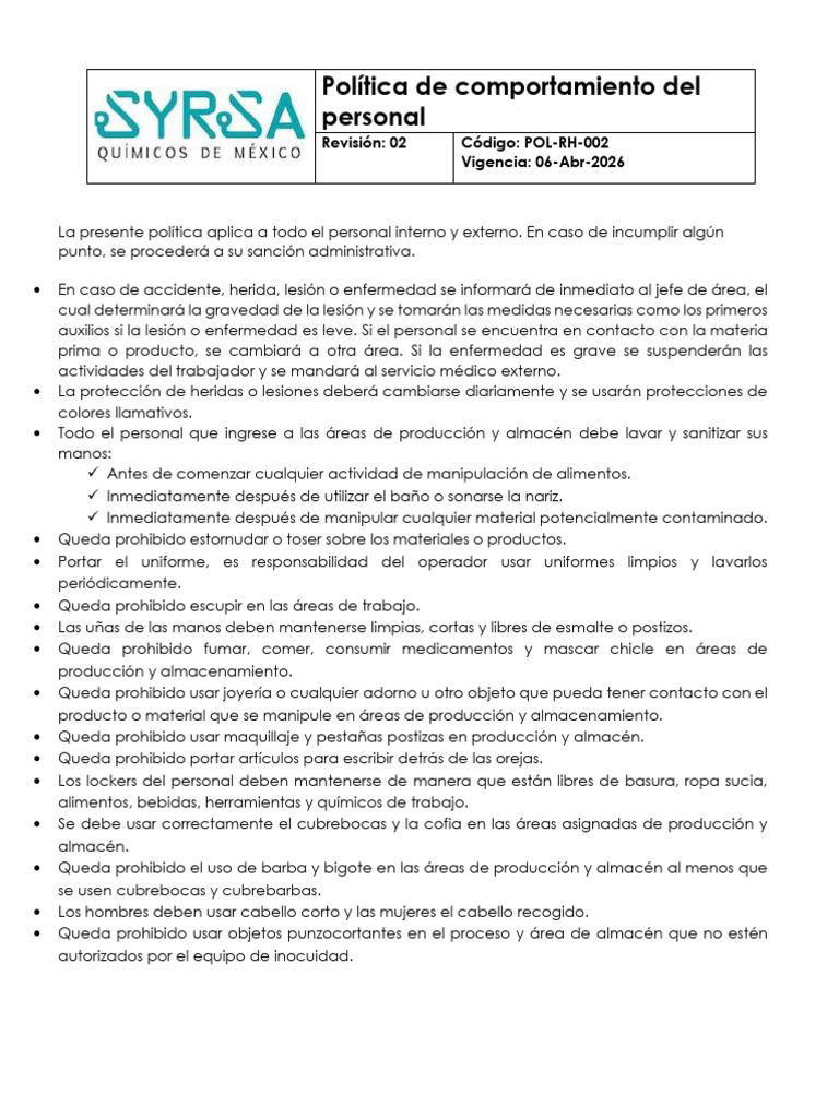 POL-RH-002 - Política de Comportamiento Del Personal | PDF