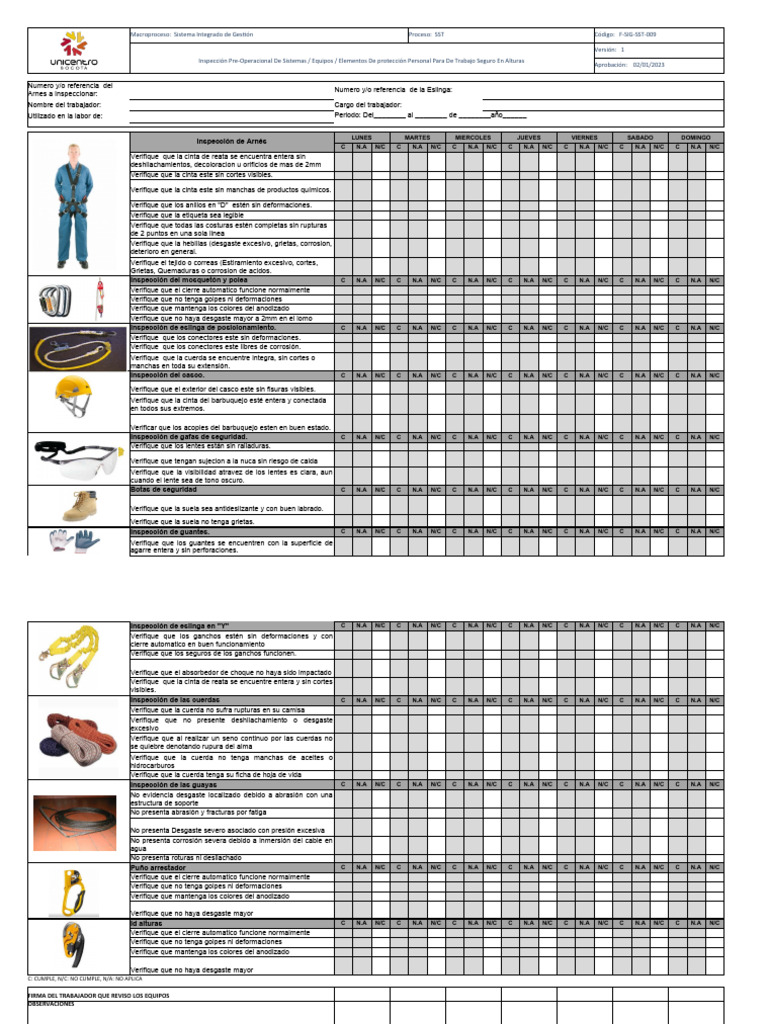 Inspección Pre-Operacional de Sistemas Equipos Elementos de Protección Personal para de Trabajo ...