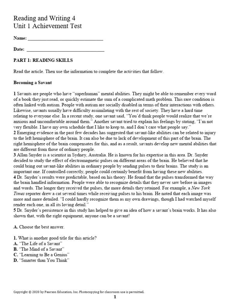 NS5e RW4 Ach Test U01 | PDF | Language Arts & Discipline | Science ...