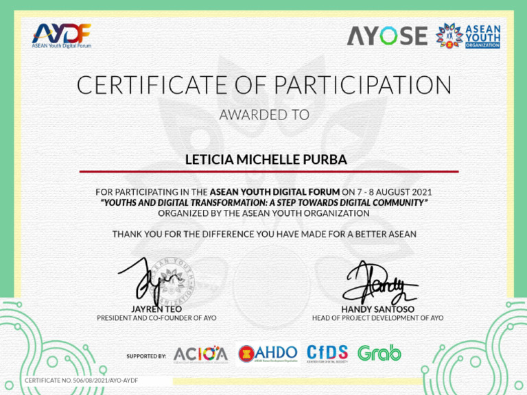 Aydf 2021 - E-Certificate - Leticia Michelle Purba (1) - 1 | PDF