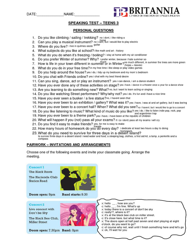 Speaking Test Teens 3 Texto Escrito | PDF