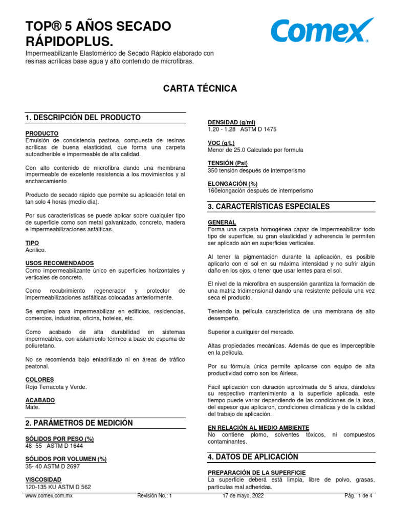 Ficha Tecnica Comex Top 5 Años | PDF | Agua | Hormigón