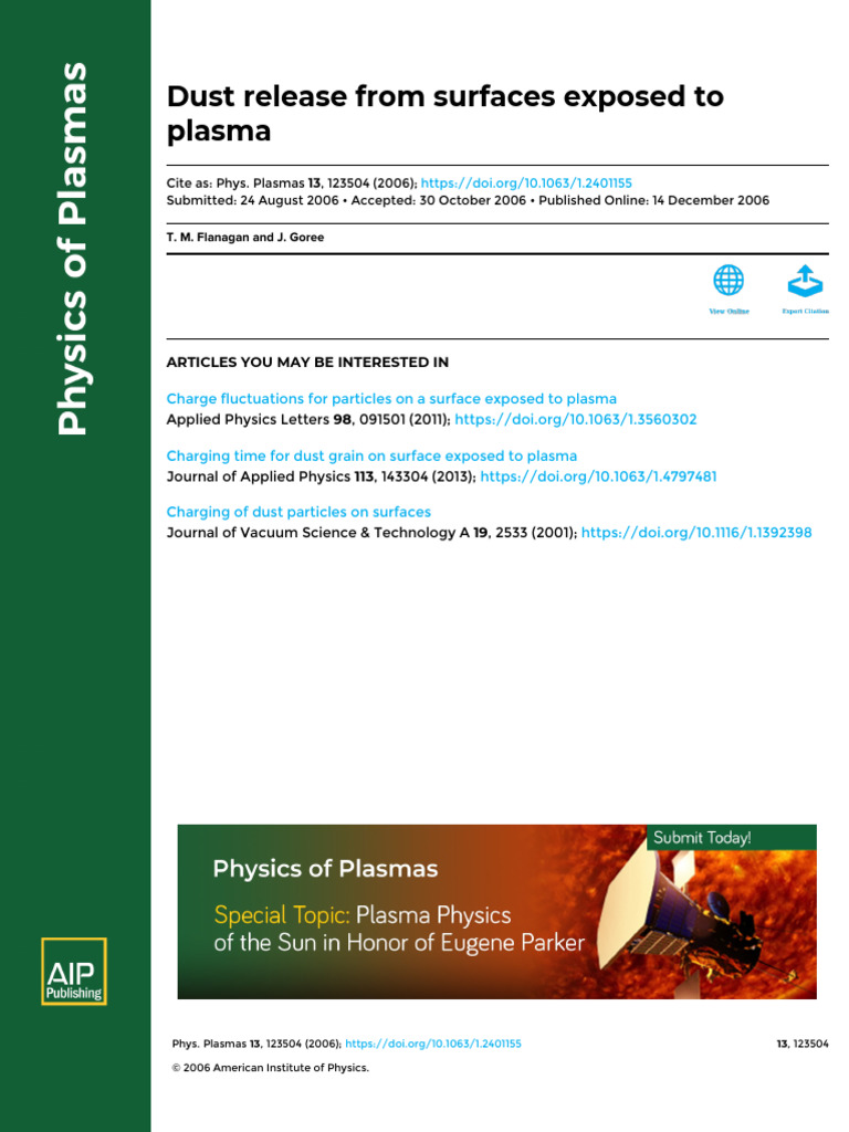Dust Release From Surfaces Exposed To Plasma | PDF | Plasma (Physics) | Adhesion