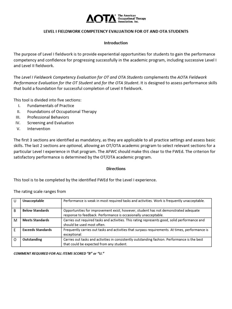 Level I Fieldwork Competency Evaluation For Ot and Ota Students ...