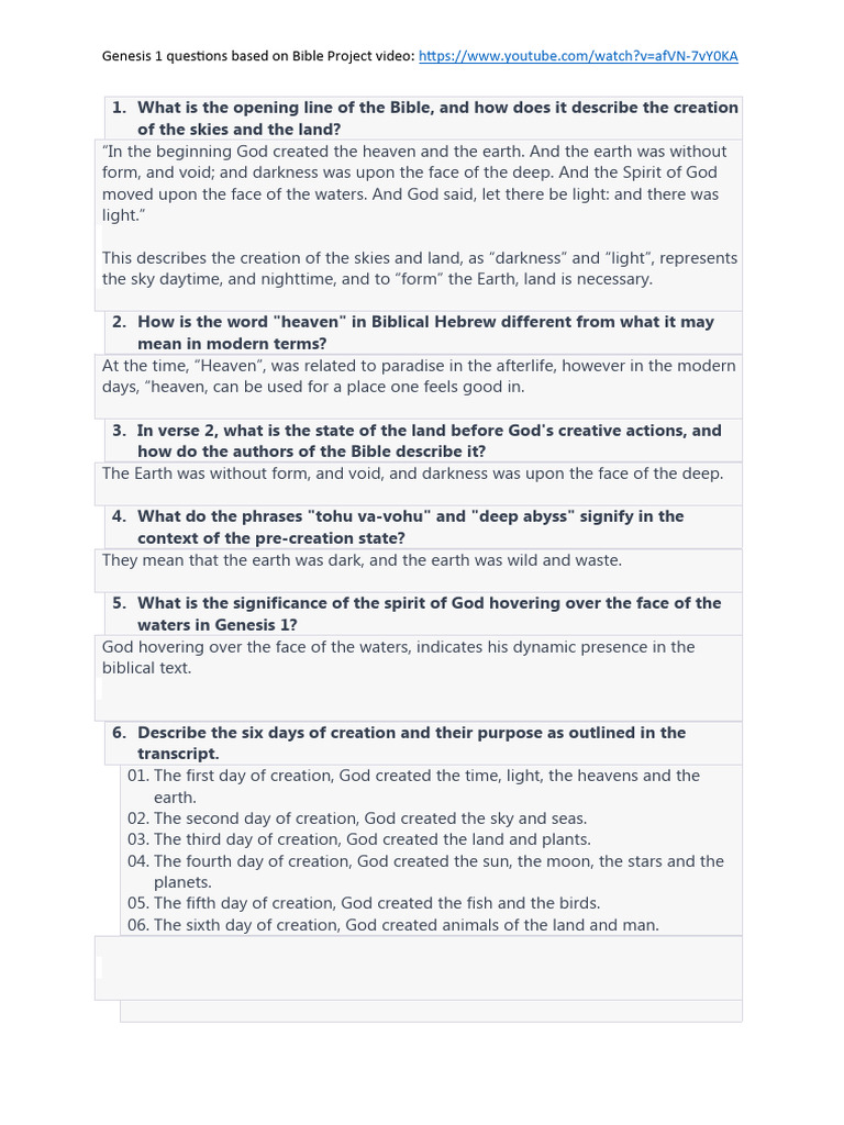 Genesis 1 Creation Insights and Questions | PDF | Genesis Creation ...