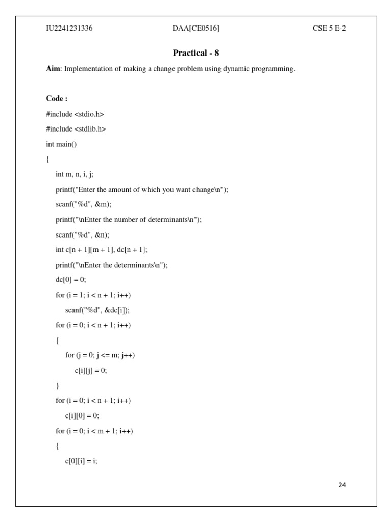 Practical - 8: Aim: Implementation of Making A Change Problem Using Dynamic Programming | PDF