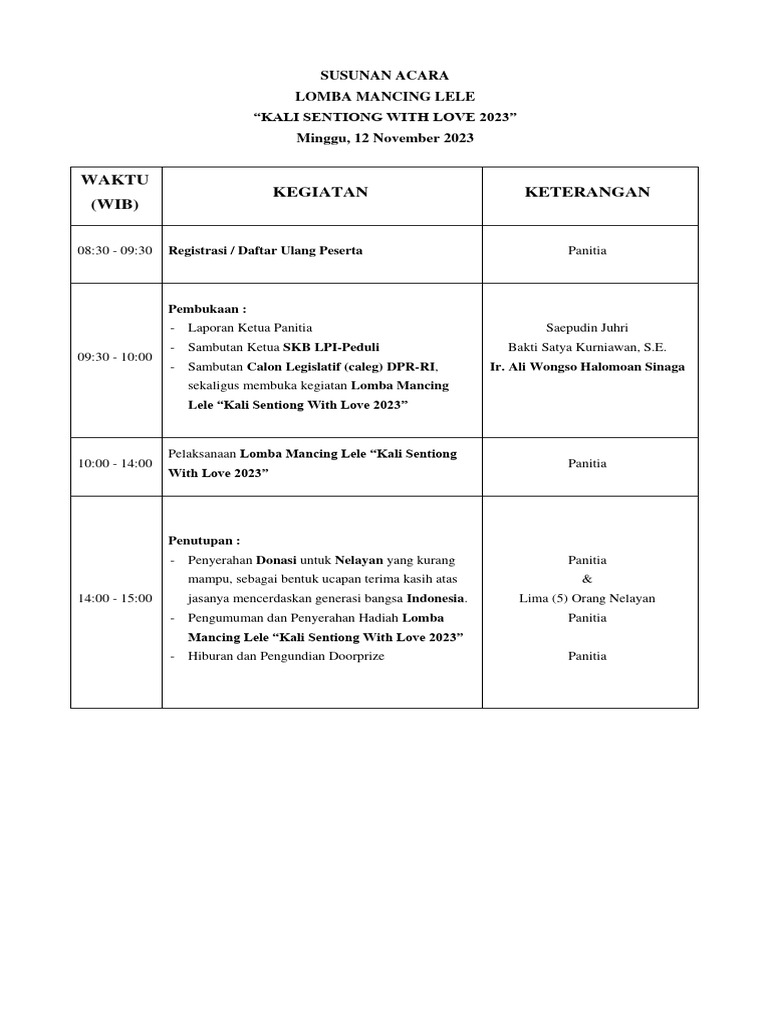 Susunan Acara Lomba Mancing Lele 2023 | PDF