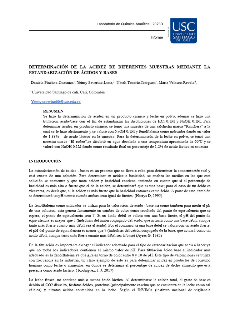 Determinación de La Acidez de Diferentes Muestras Mediante La ...