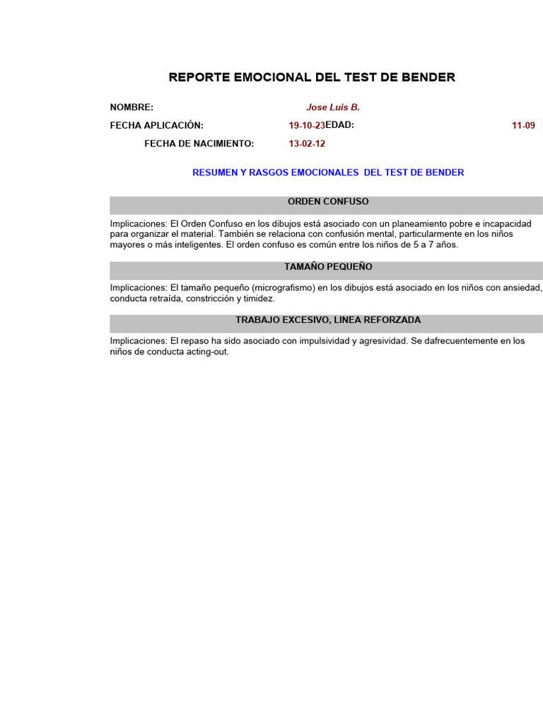 Informe Emocional Test Bender Infantil | PDF