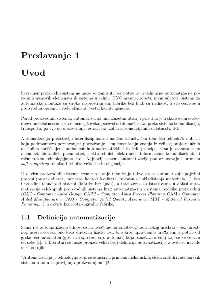 Predavanje 1 Uvod: 1.1 Definicija Automatizacije | PDF