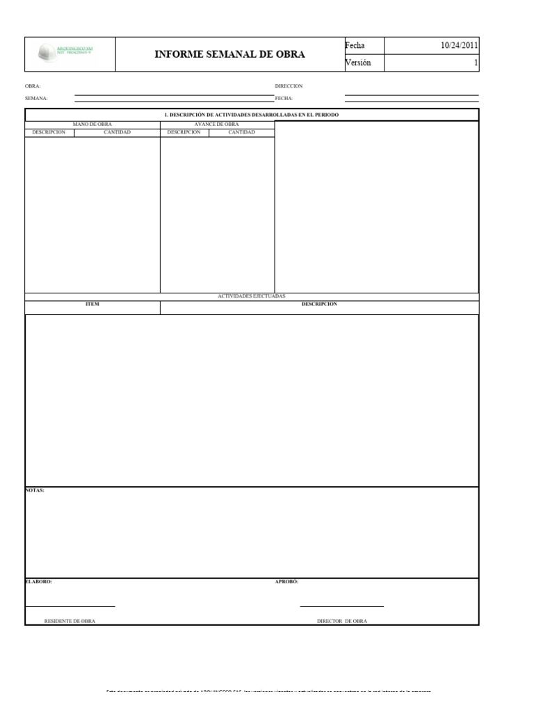 Formatos-Informe Semanal de Obra | PDF