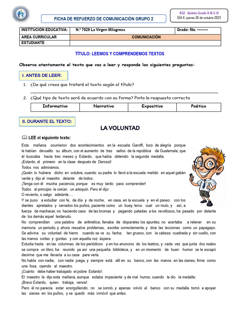 FICHA REFUERZO COM S32D4 Leemos y Comprendemos Textos GRUPO 2 | PDF