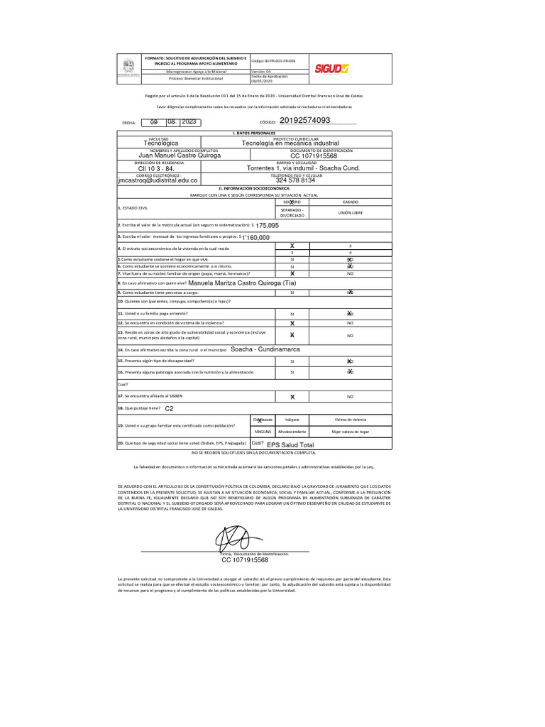 Formulario Sigud Bi-Pr-001-Fr-006 | PDF