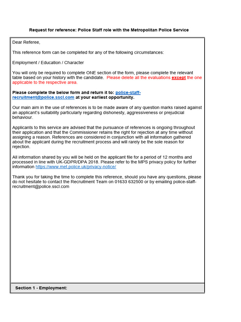 Police Staff - Generic Reference Template - HR Recruitment (v2) | PDF ...
