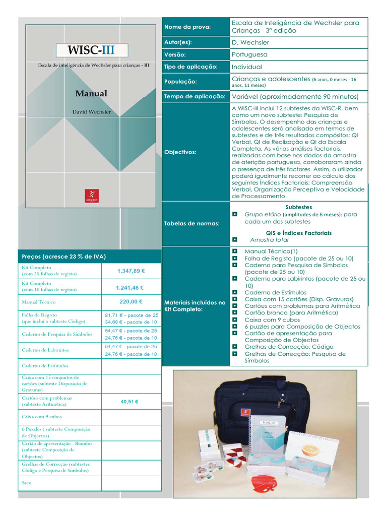 WISC III Escala de Inteligencia de Wechsler para CRIANCAS 1 | PDF ...