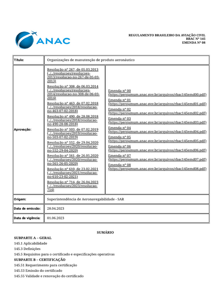 RBAC 145 EMD 08 - Agência Nacional de Aviação Civil ANAC | PDF
