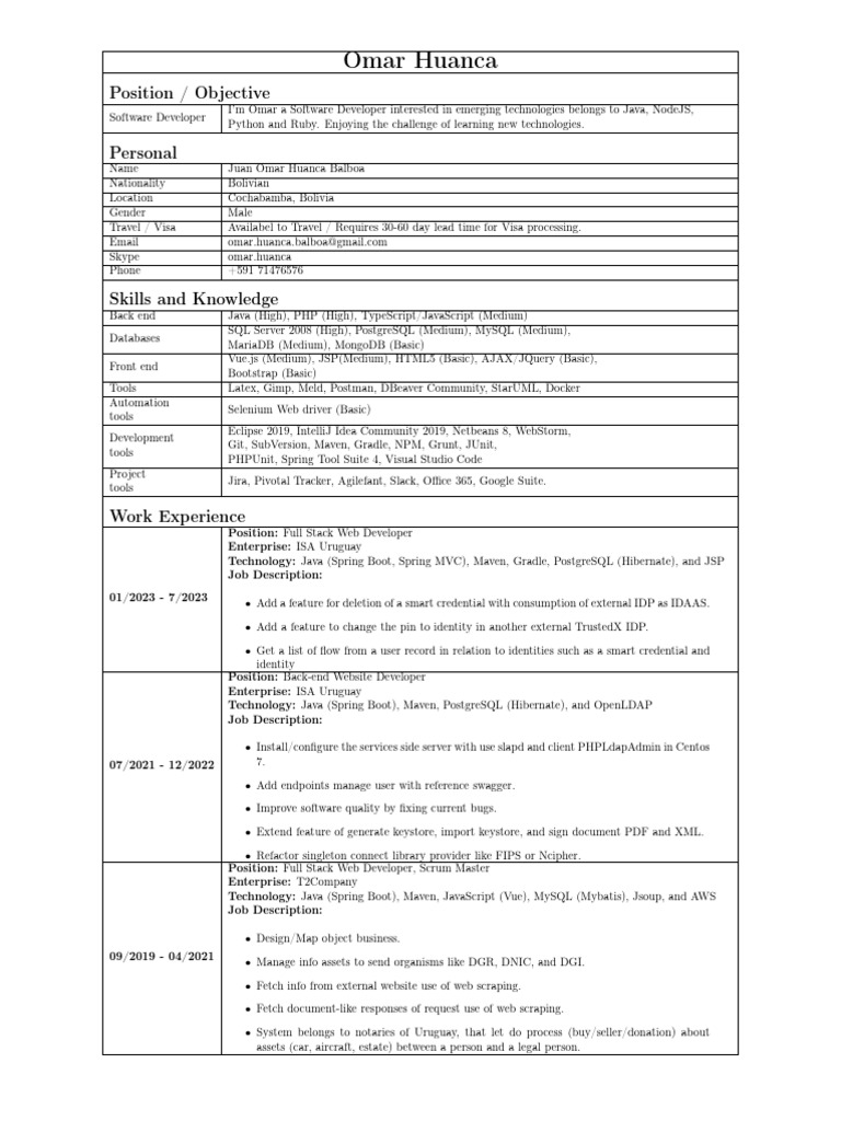 Software Developer Profile: Omar Huanca | PDF | Java Script | Spring Framework