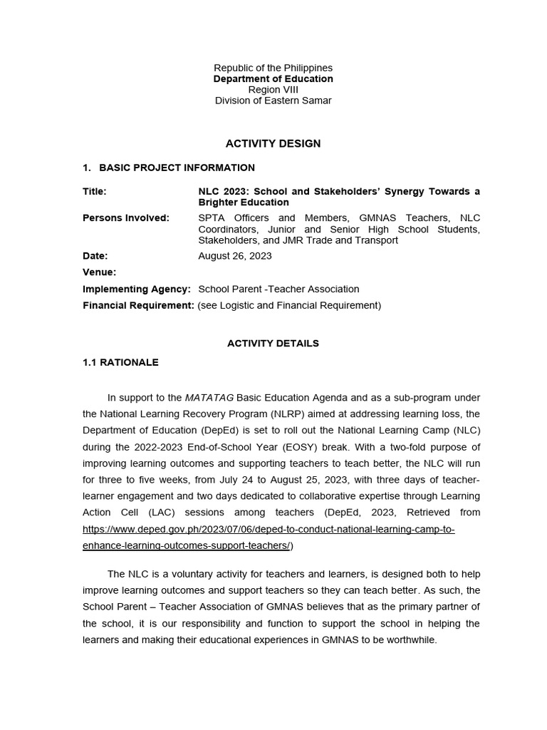 Activity Design NLC 2023 | PDF