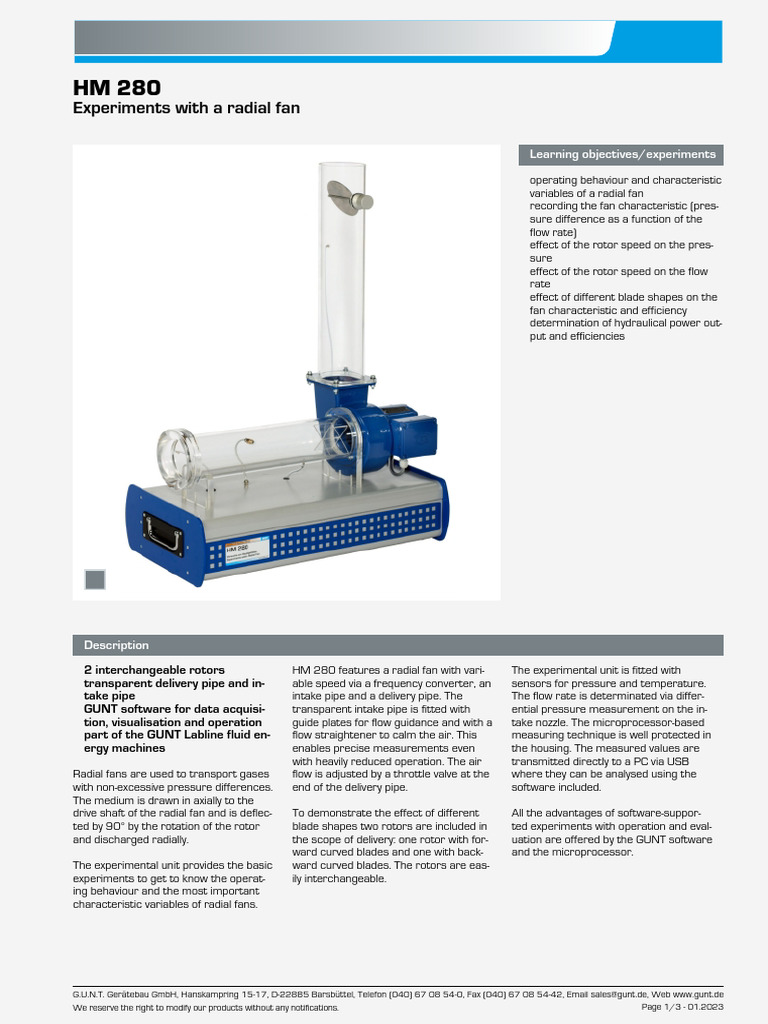 HM 280 Radial Fan Experiment Setup | PDF