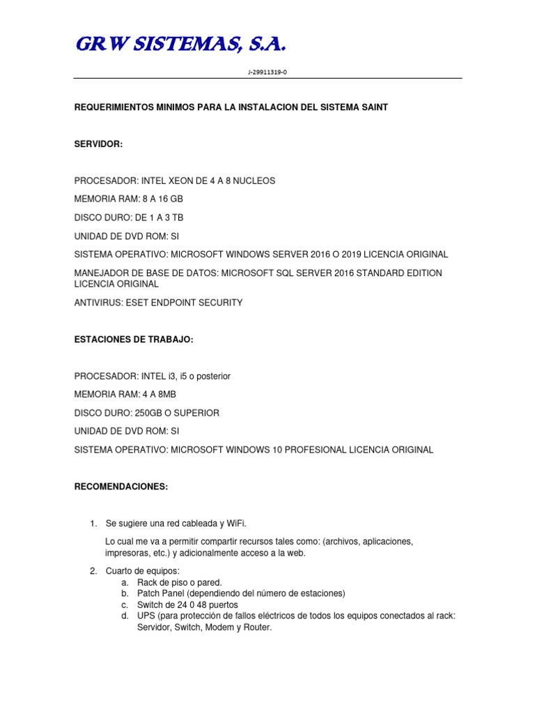 Requerimientos Minimos para La Instalacion Del Sistema Saint | PDF