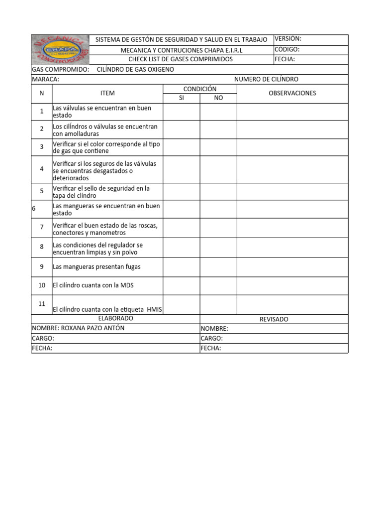 Check List de Oxigeno | PDF